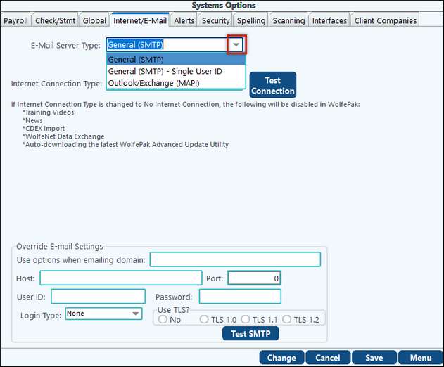 Utilities > Global > System Options > Email Setup